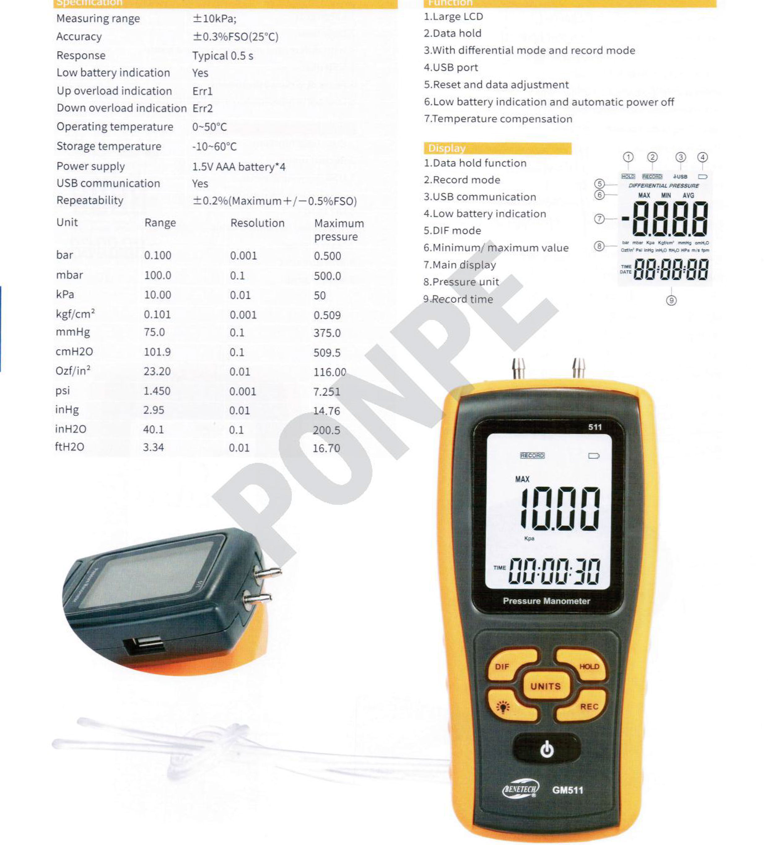 مشخصات و خرید فشار سنج تفاضلی ارزان قیمت بنتک BENETECH GM 511 | متروتیک