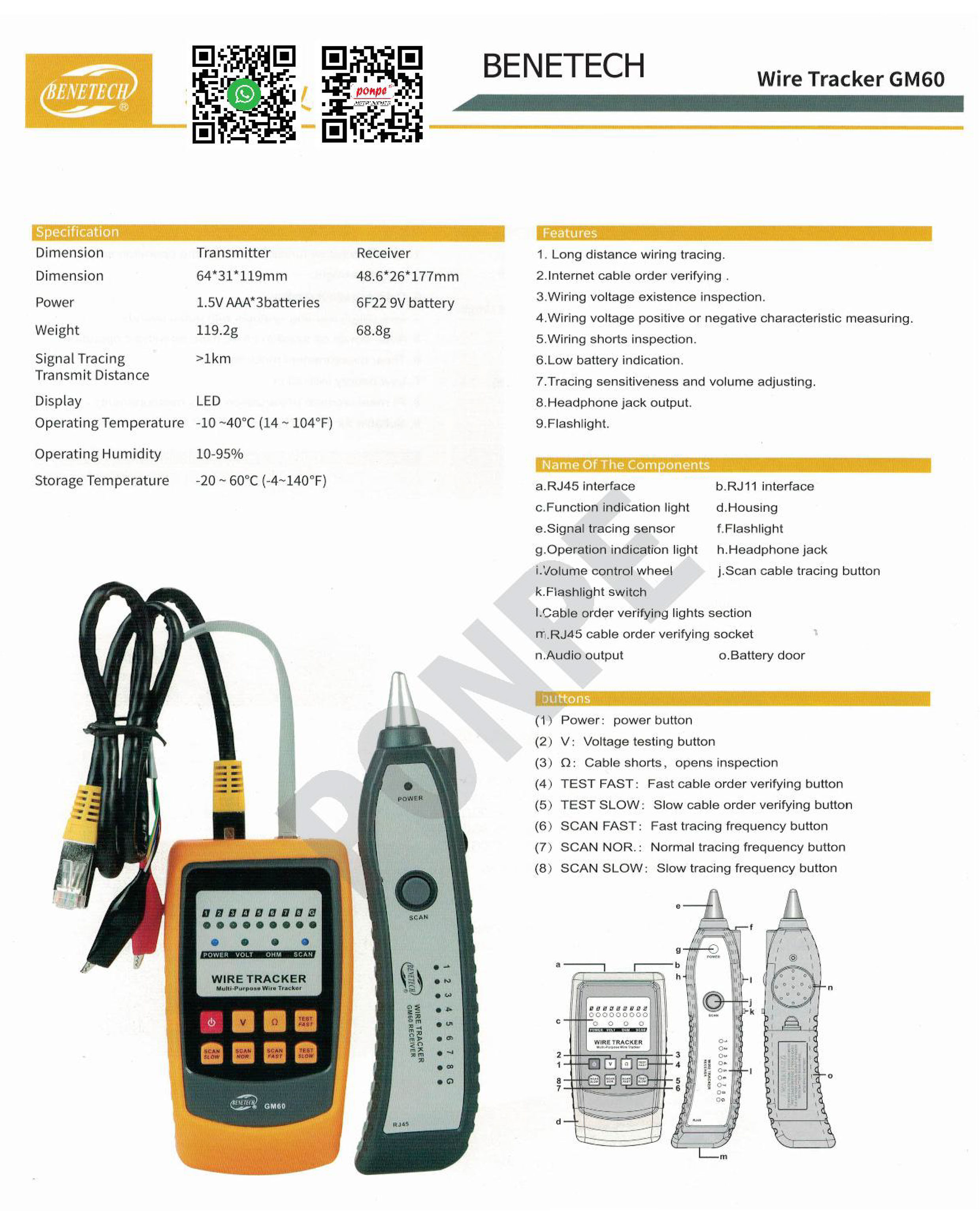 قیمت و خرید ردیاب و زوج یاب کابل شبکه و تلفن بنتک BENETECH GM60 | متروتیک