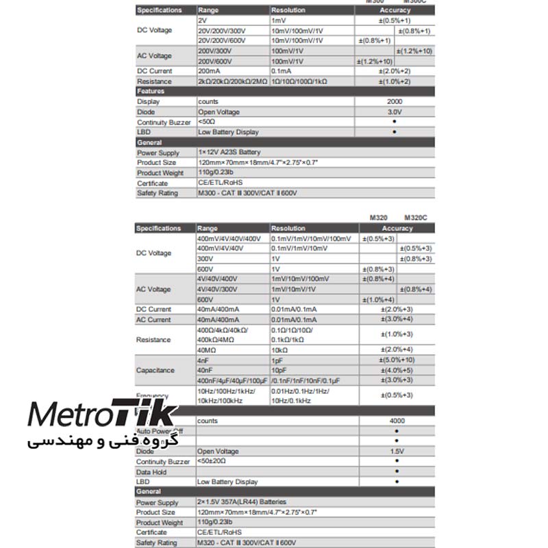 ولت متر جیبی 2 مگا اهمی مستک MASTECH M300C | متروتیک